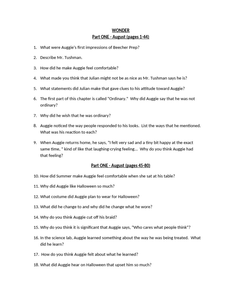 WONDER Questions | PDF | Bullying