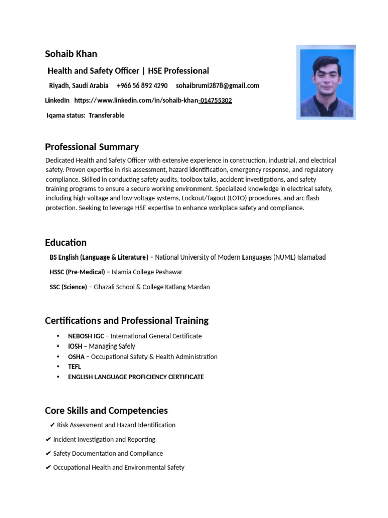 Sohaib Safety Officer CV | PDF | Occupational Safety And Health | Safety
