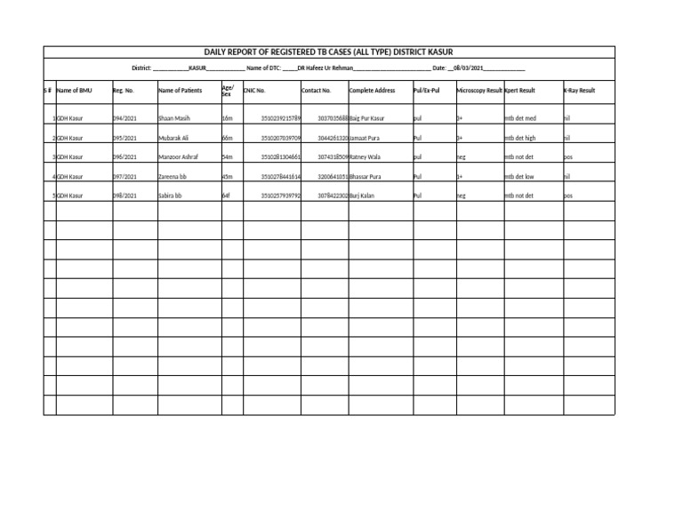 Daily - Reporting - Format - For - TB - Patients - Kasur | PDF