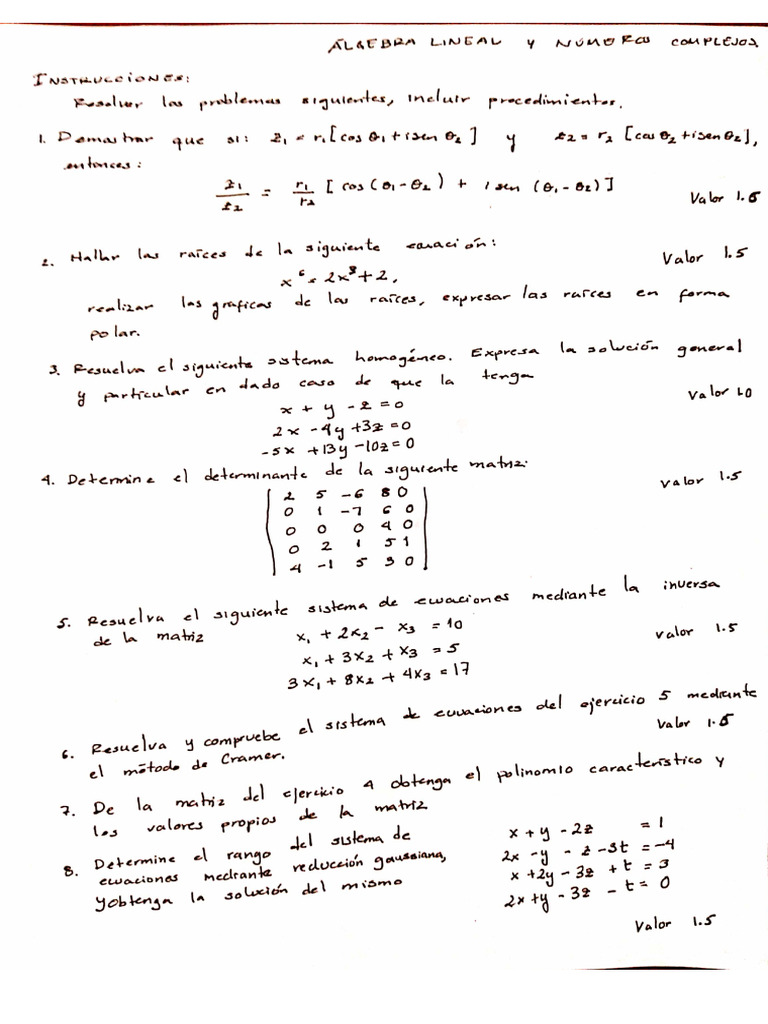 Examen Ets de Álgebra Lineal y Números Complejos | PDF