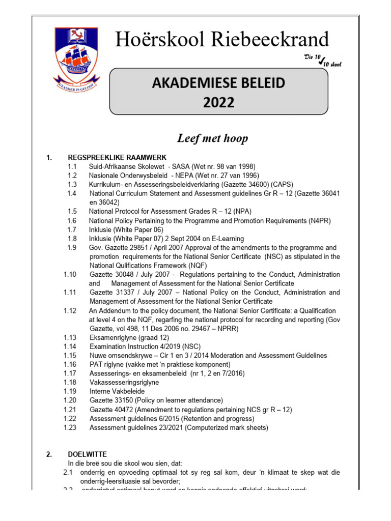 Akademiese en Assessringsbeleid 2022 | PDF
