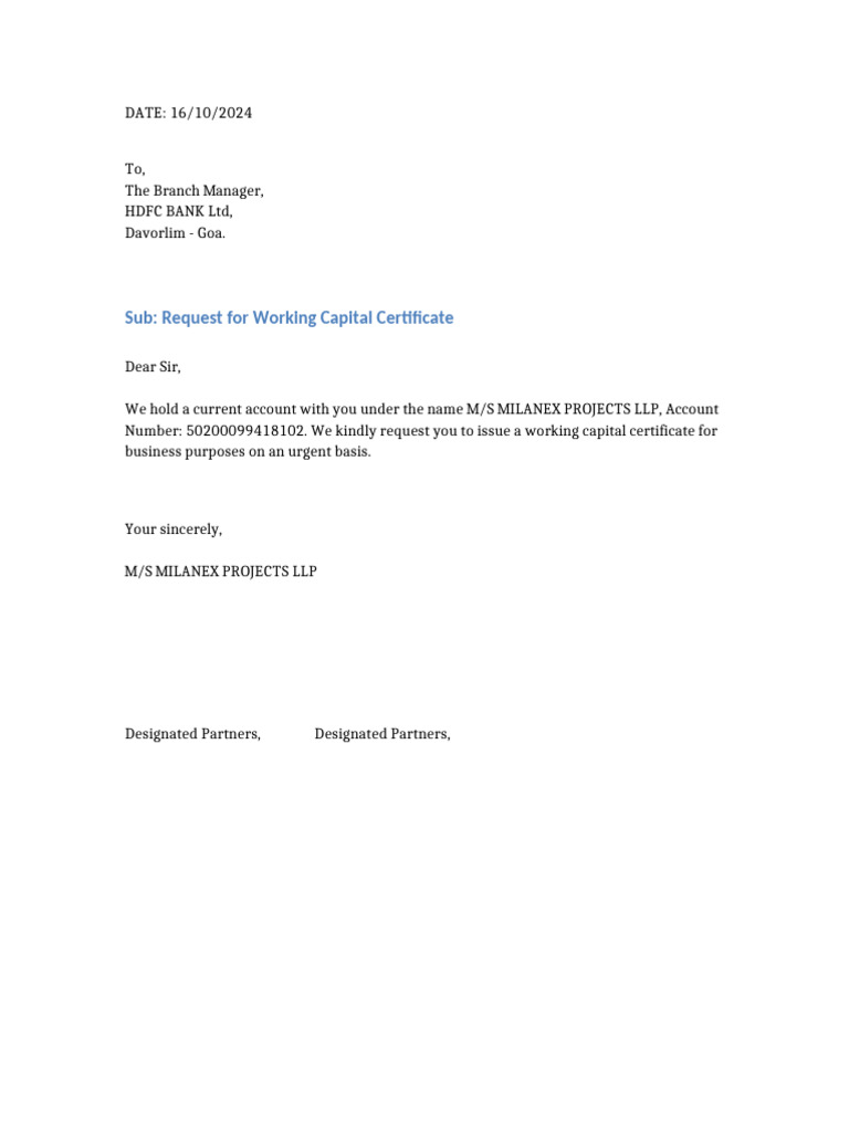 Updated Request For Working Capital Certificate | PDF