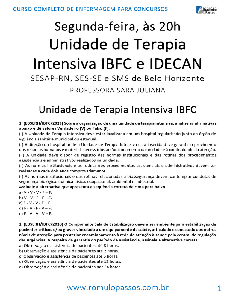 UTI - Questões IBFC e IDECAN para SES-SE, SMS de Belo Horizonte e SESAP-RN | PDF | Hipertensão ...