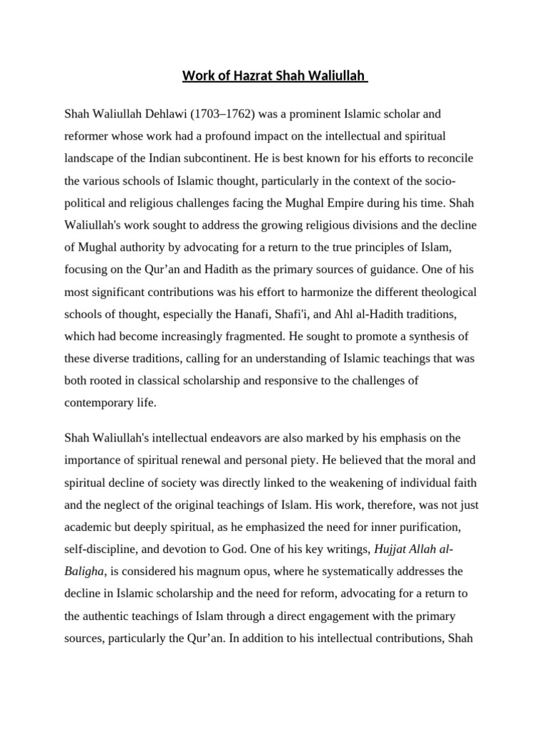 Work of Shah Waliullah | PDF