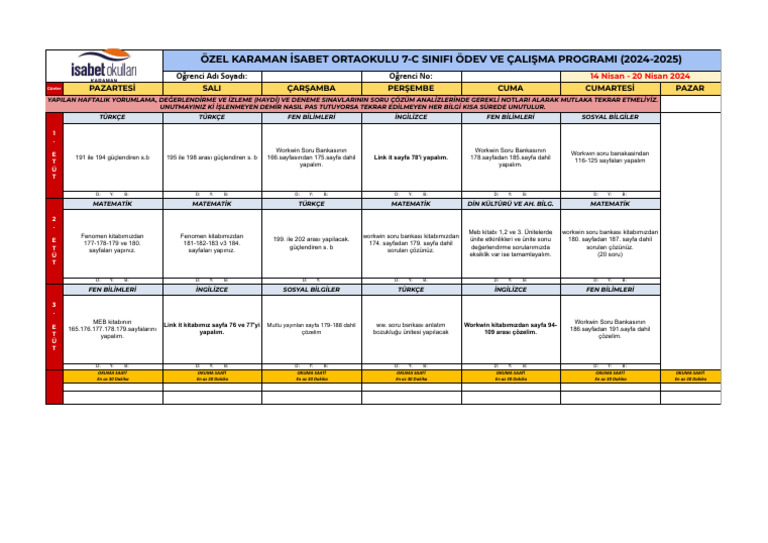 7c Sinifi Haftalik Odevlendirme Tablosu | PDF