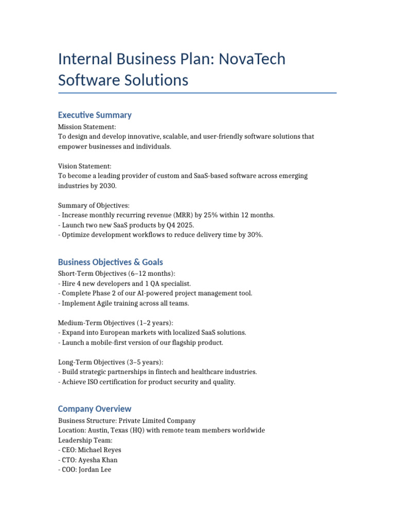 NovaTech Internal Business Plan | PDF | Software As A Service | Project Management