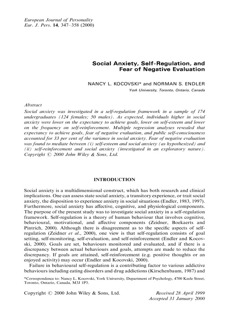European J of Personality - 2000 - Kocovski - Social Anxiety Self ...