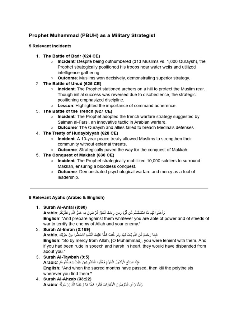 Prophet Muhammad (PBUH) As A Military Strategist | PDF | Muhammad | Mecca