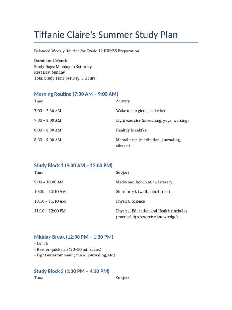Tiffanie Summer Study Plan | PDF