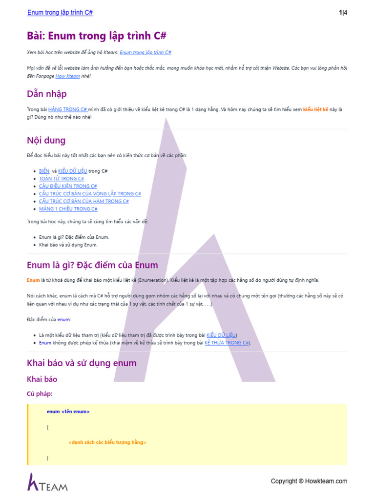 HOWKTEAM.VN - Enum trong lập trình C# | PDF