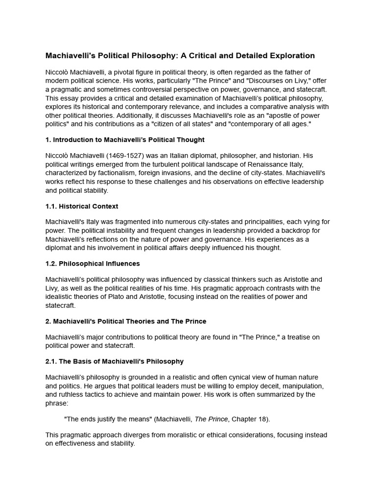 Machiavelli's Political Philosophy - A Critical and Detailed ...