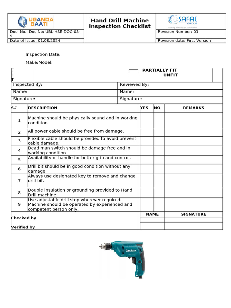 Hand Drill Inspection Checklist | PDF