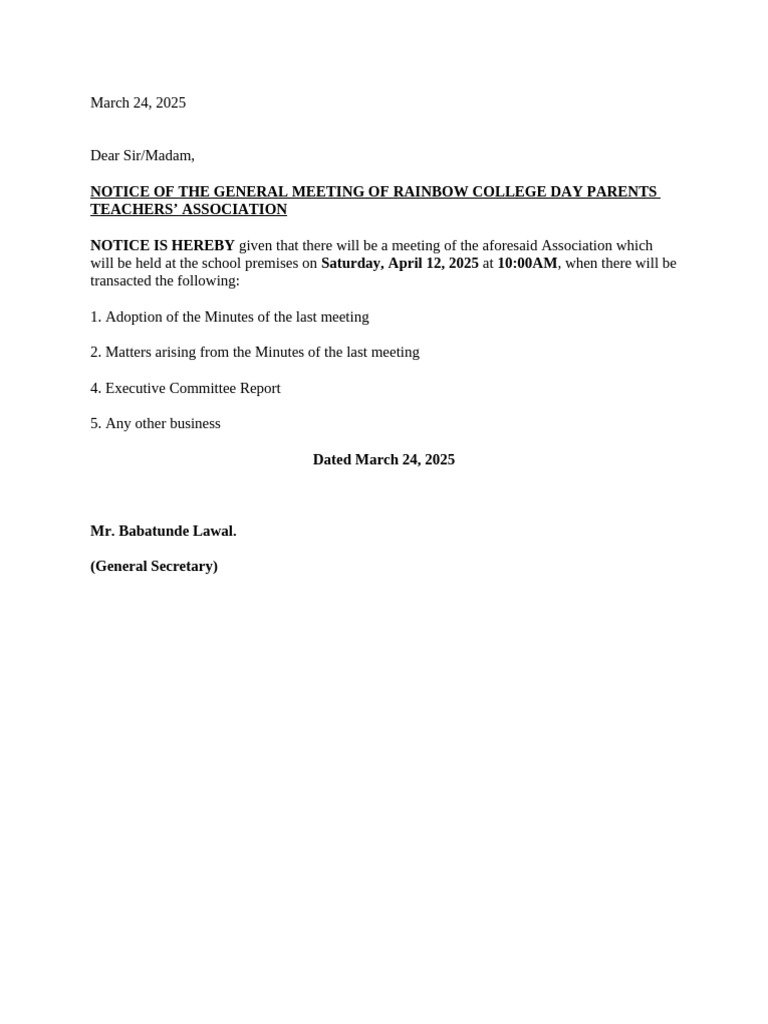 Rainbow PTA - Notice of Meeting | PDF