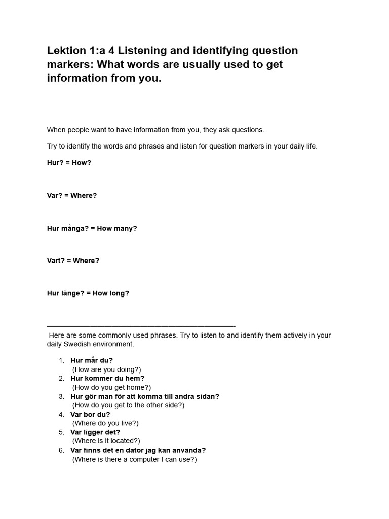 Lektion 1 A 4 Listening and Identifying Question Markers What Words Are ...