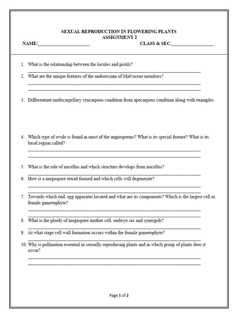 Sexual Reproduction in Flowering Plants Assignment 2 2025-26 | PDF | Biology | Botany