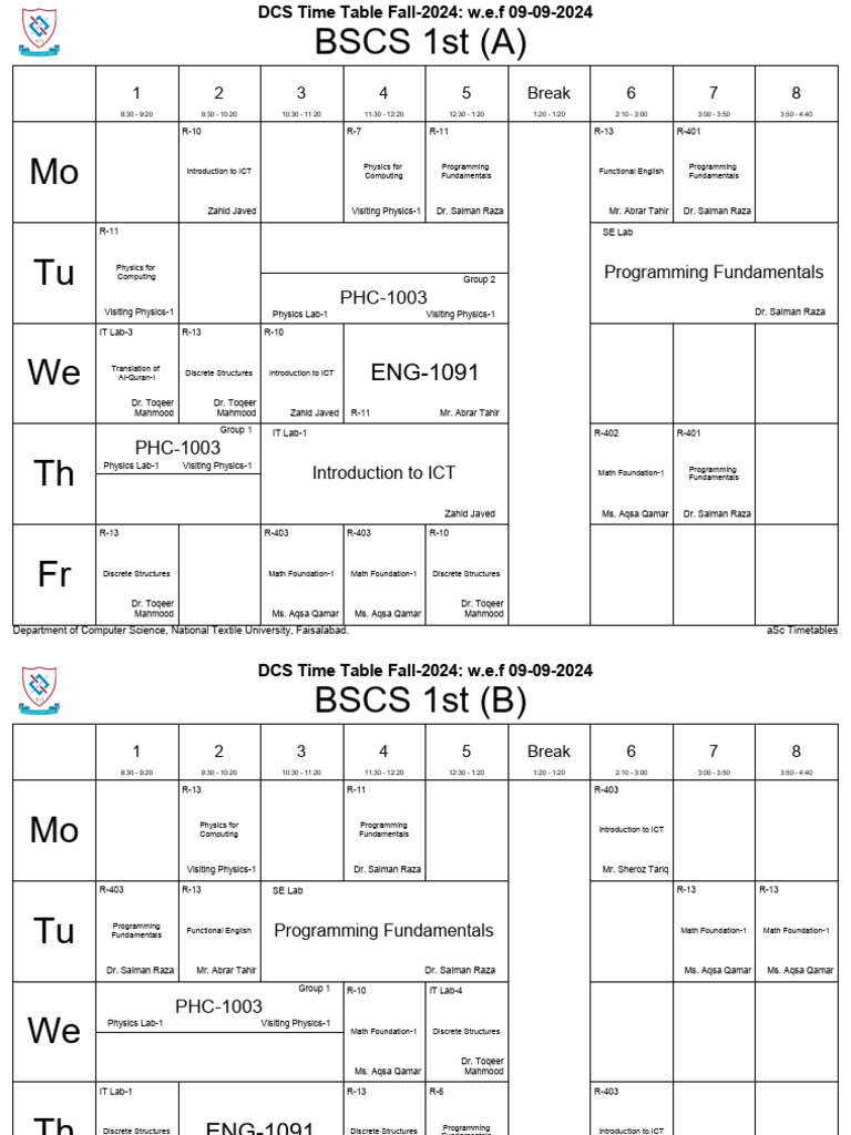DCS Time Table Fall-24 (Classs) | PDF | Computer Science | Science