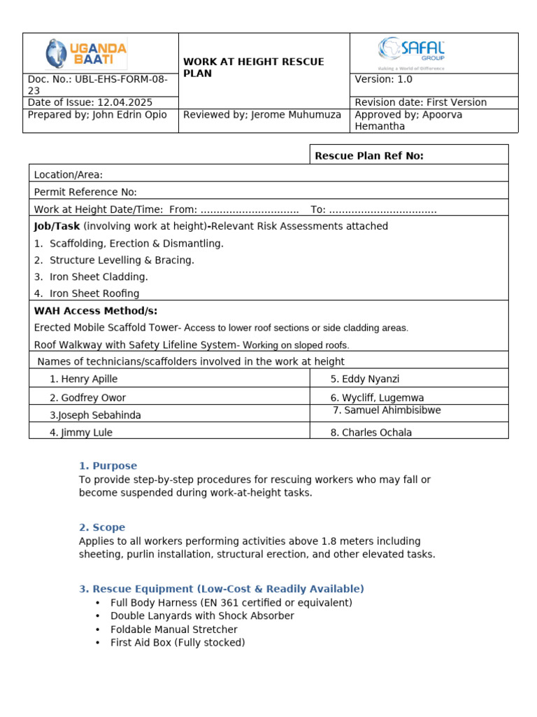 Work at Height Rescue Plan SOP | PDF | First Aid | Scaffolding