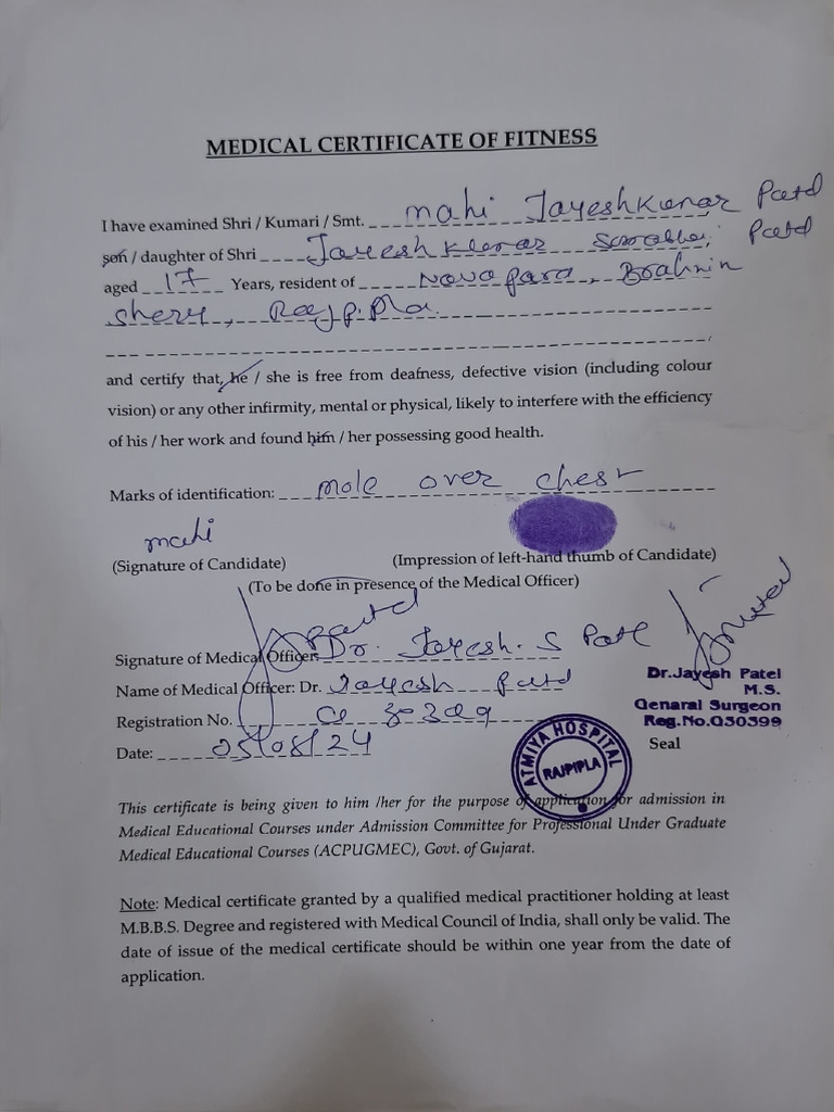 ACPUGMEC Medical Fitness Certificate | PDF