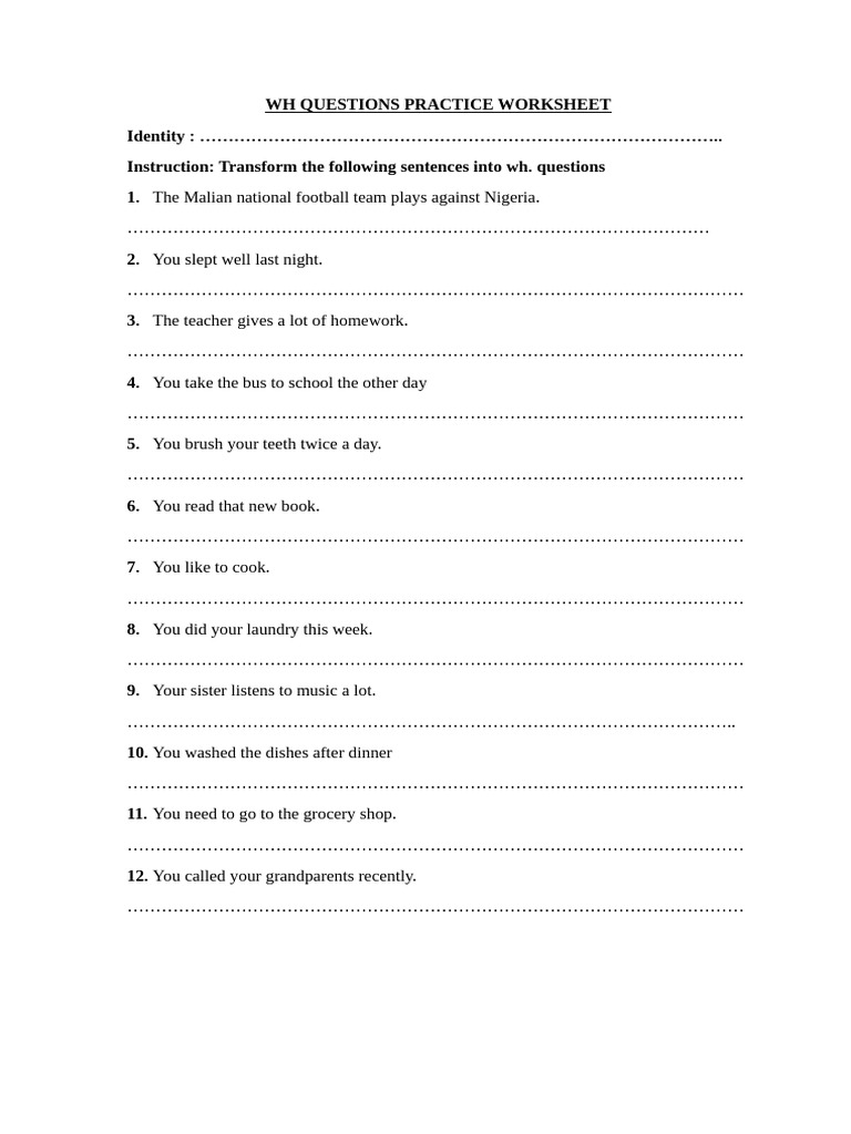 Wh Questions Practice Worksheet 2 | PDF