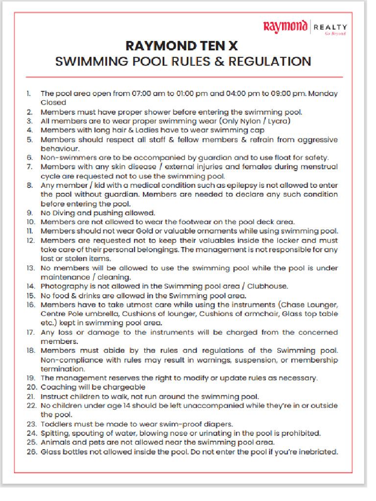 Swimming Pool Rules and Regulations | PDF