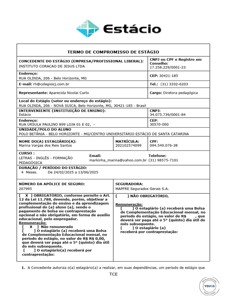 Documento Estagio - Marina | PDF | Estágio | Procura de Emprego