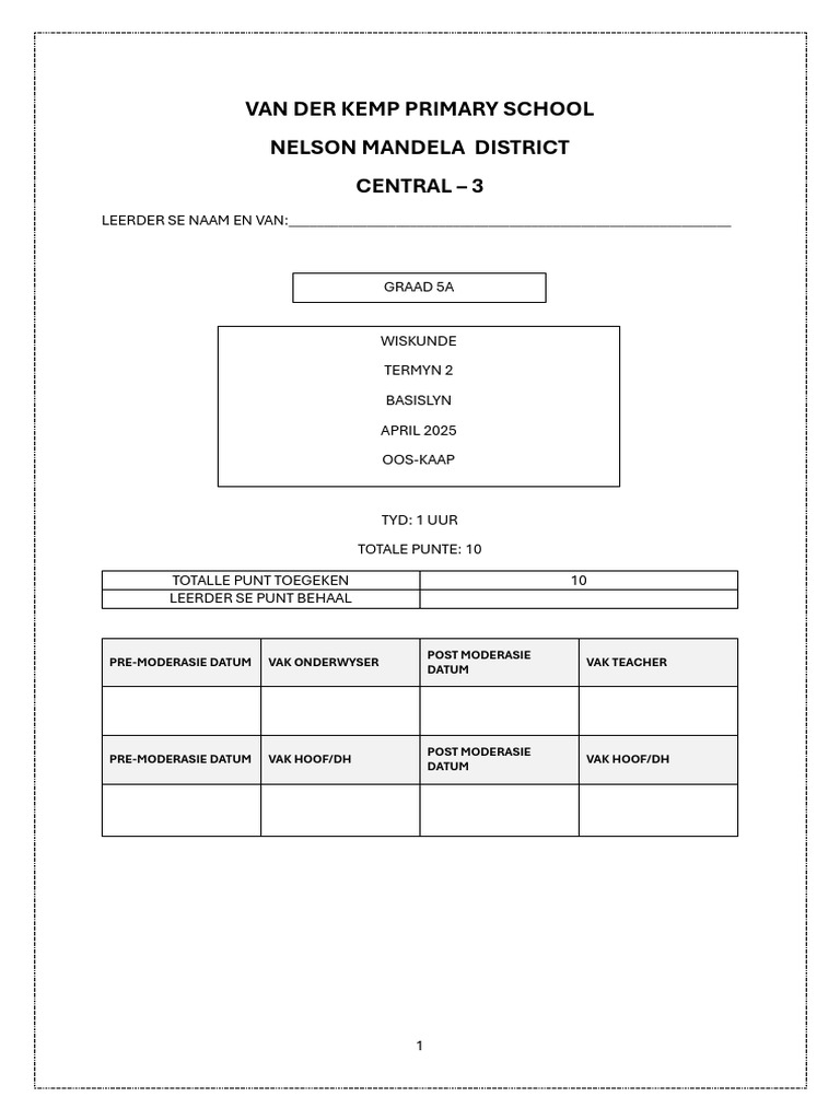 Mathematics Grade 5 Term 2 Baseline Test | PDF