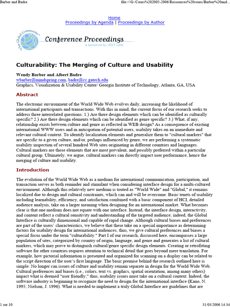1998-Culturability The Merging of Culture and Usability | PDF | Usability | World Wide Web