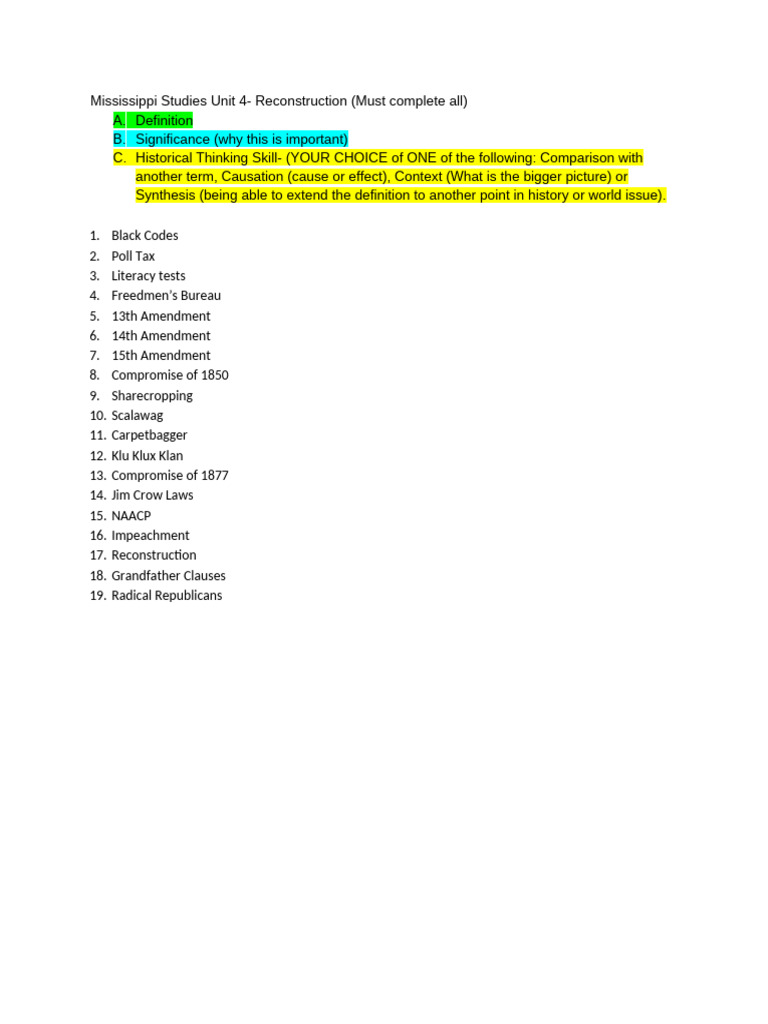 Antonio Refre - Mississippi Studies Unit 4 - Reconstruction (Must ...