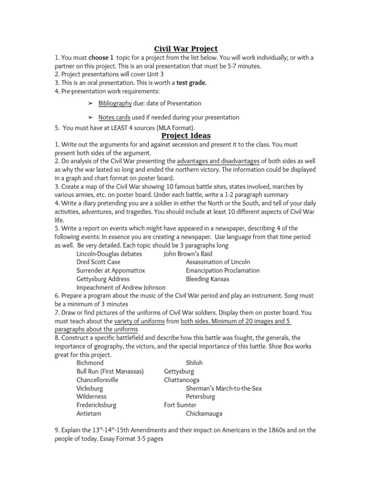Civil War Project Guidelines | PDF | American Civil War | General ...