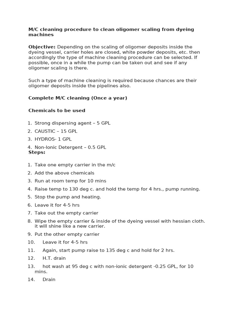 Machine Cleaning Procedure To Remover Oligomer | PDF