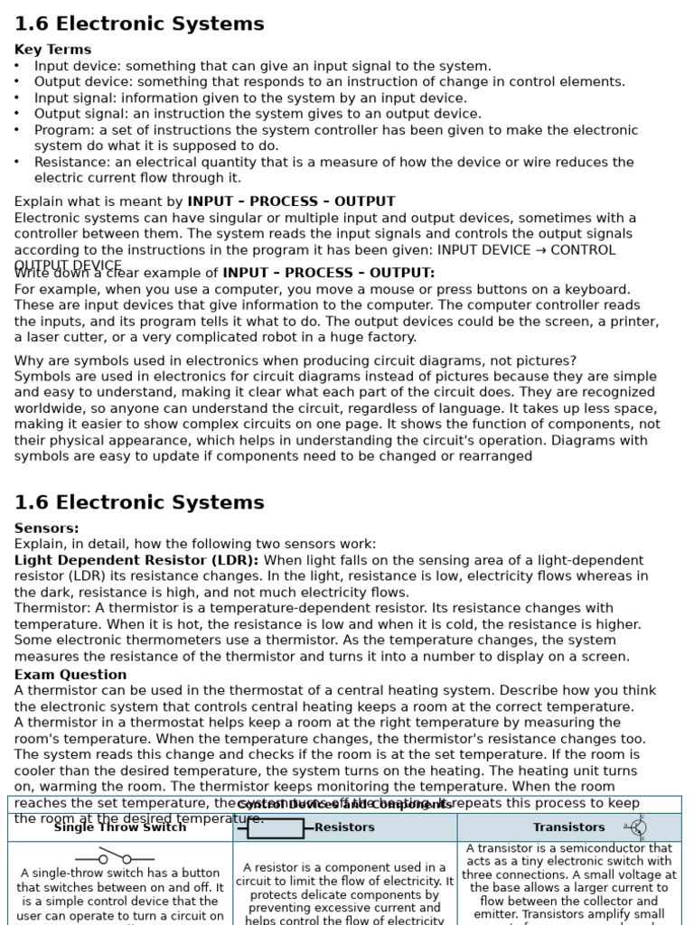 GCSE/ iGCSE DT (1.6-1.7) Notes | PDF | Resistor | Transistor