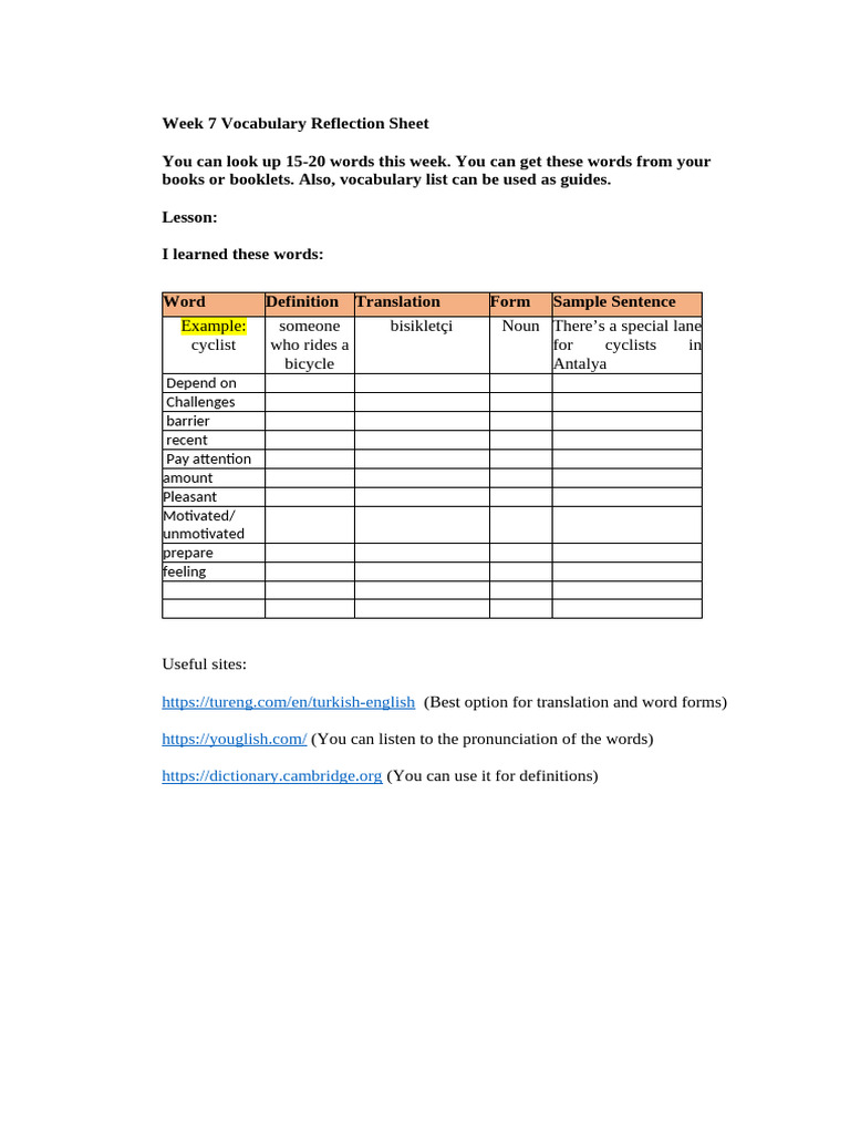 Week 7 Vocabulary Reflection Sheet | PDF