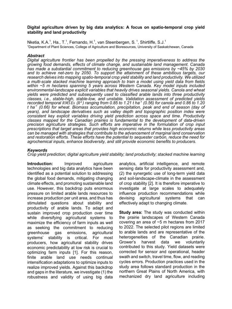 Digital Agriculture Driven by Big Data Analytics A Focus On Spatio Temporal Crop Yield Stability ...
