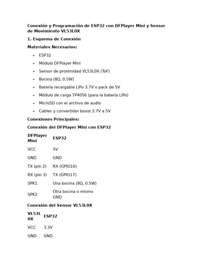 Conexión y Programación de ESP32 Con DFPlayer Mini y Sensor de Movimiento VL53L0X | PDF ...