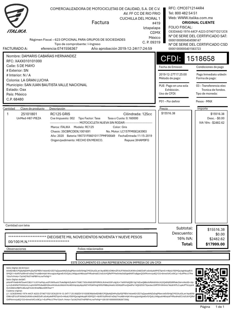 Factura RC125 ITALIKA | PDF