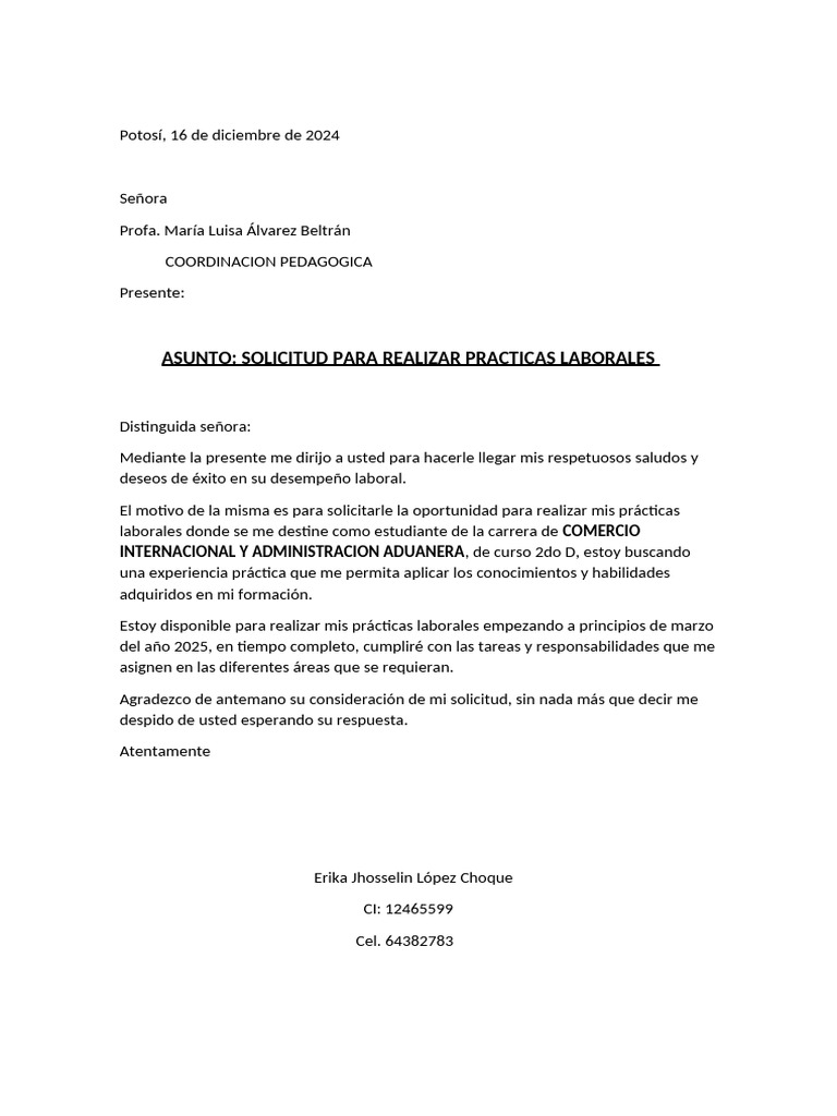 Carta de Solicitud de Prácticas Laborales Inboljap | PDF
