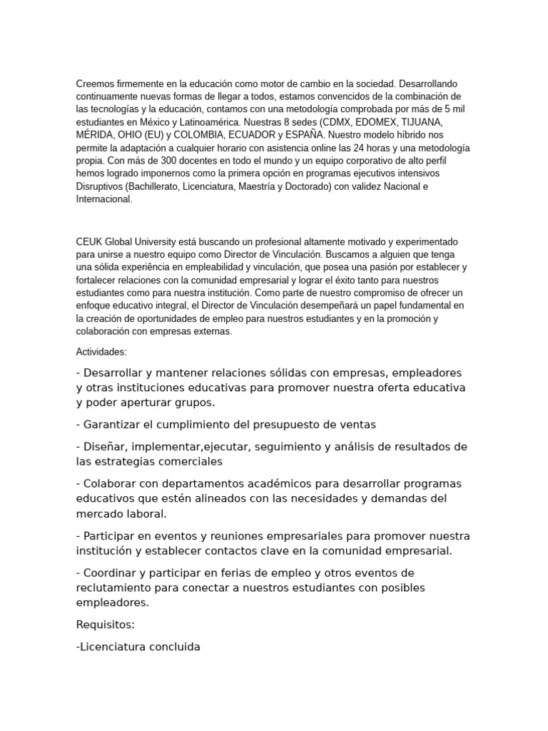 Ejemplo Post Vacante Director Vinculacion | PDF | Business | Economias