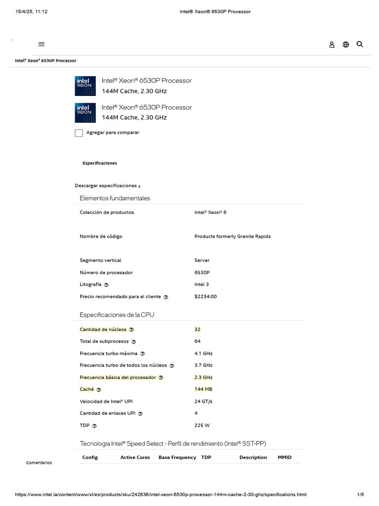 Intel® Xeon® 6530P Processor | PDF | Microprocesador | Intel