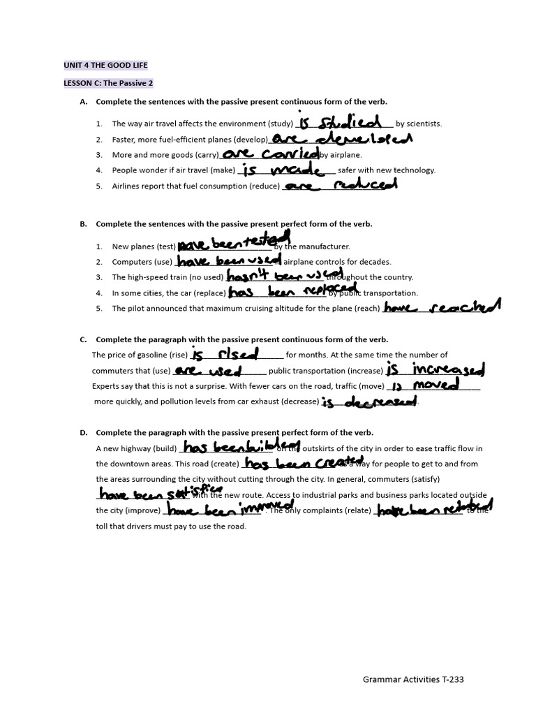 UNIT 4 THE GOOD LIFE .Lesson C grammar handout | PDF | Road | Transport