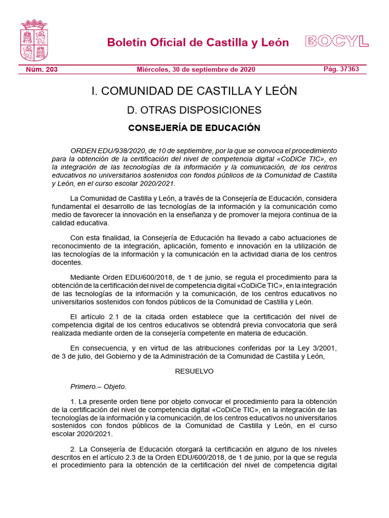 Convocatoria CoDiCe TIC 2020 en Castilla y León | PDF | Maestros ...