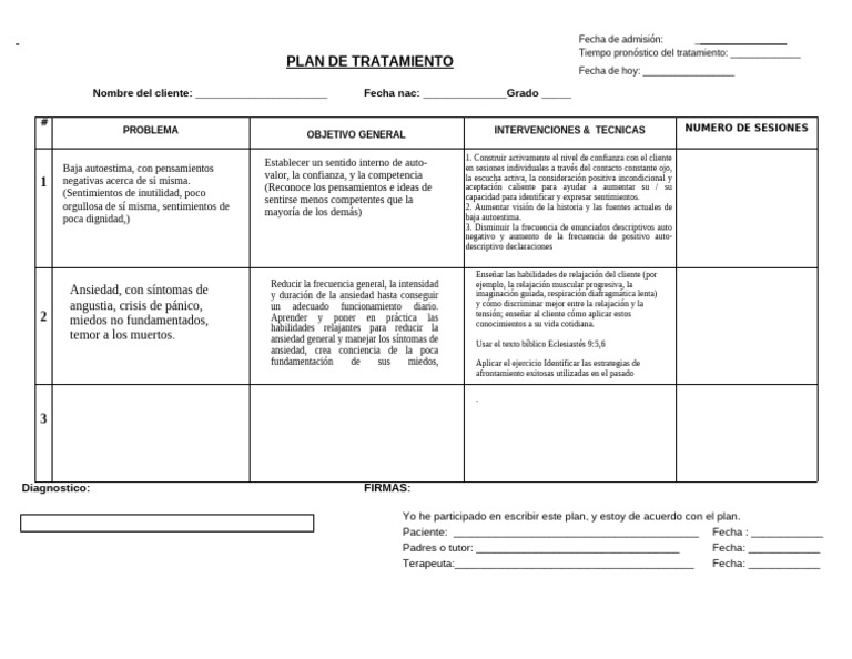 Modelo Plantilla para Formular Un Plan de Tratamiento en Blanco | PDF | Ansiedad | Autoestima