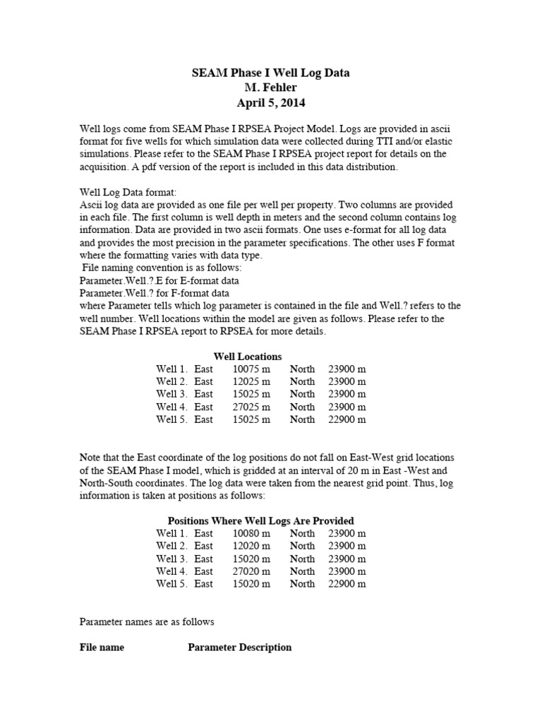 SEAM Phase I Well Log Data | PDF