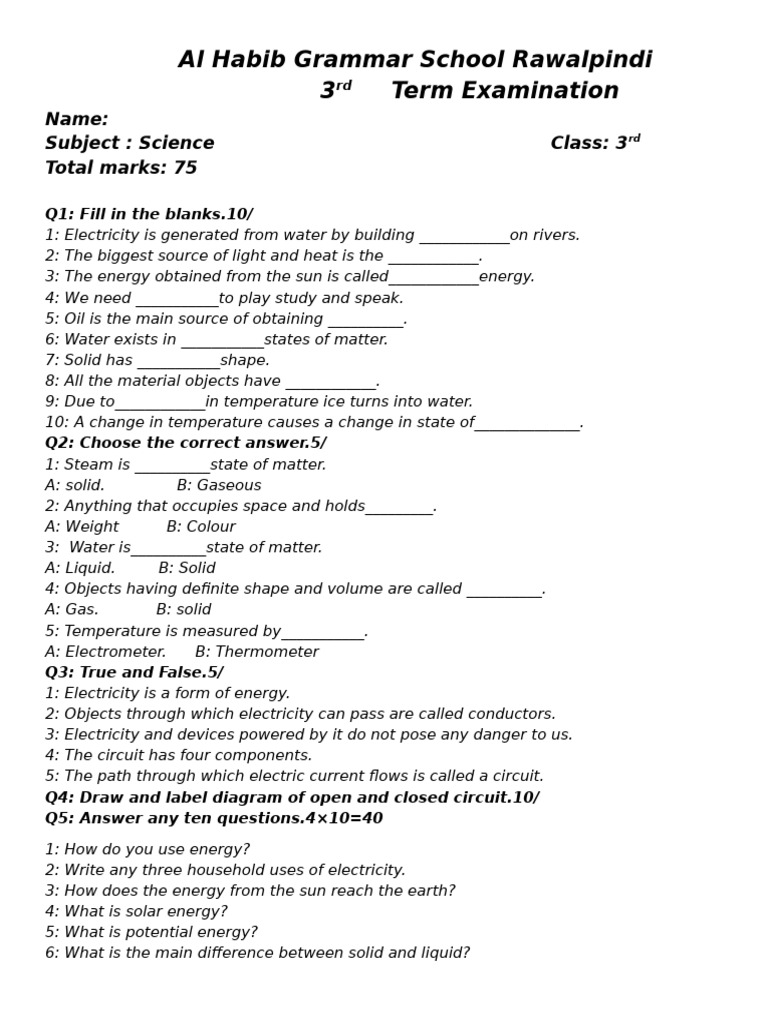 Science Class 3rd Final Paper | PDF