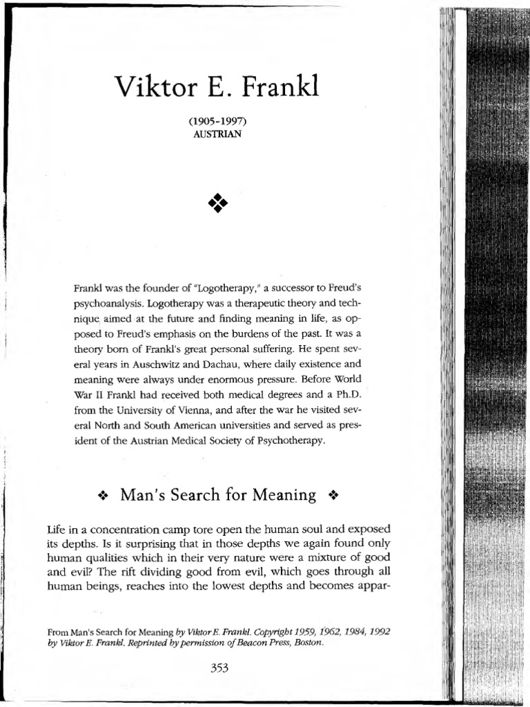 Frankl Mans Search For Meaning Excerpt | PDF | Neurosis | Psychology