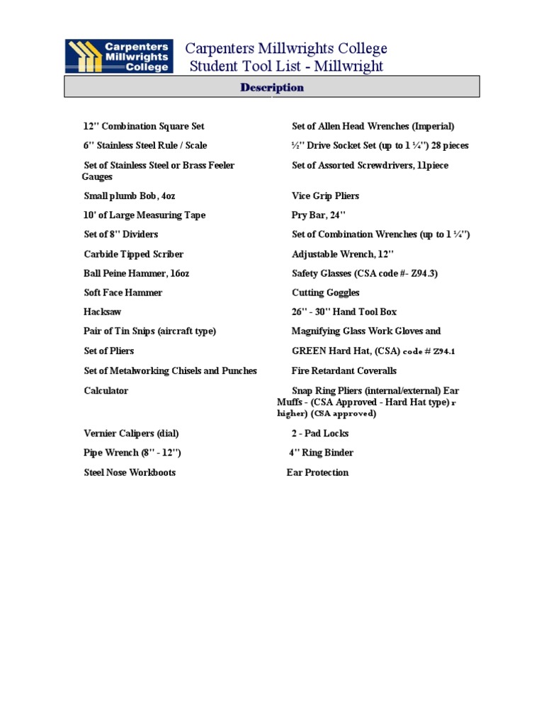 Tool List Millwright | PDF | Tools | Metalworking