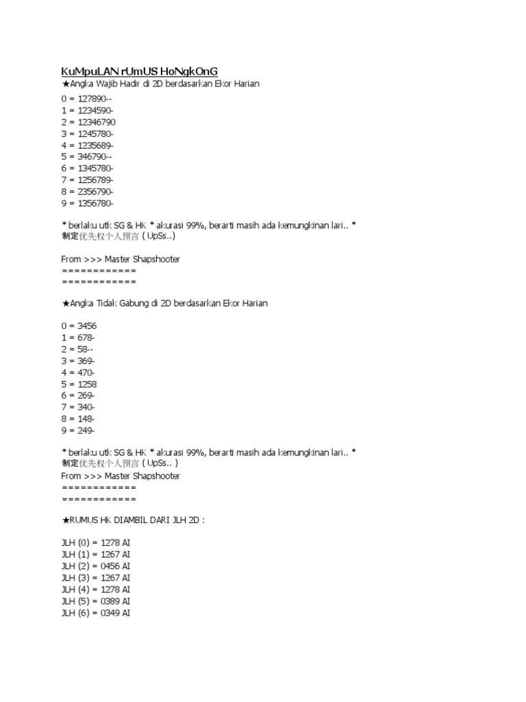 Kumpulan Rumus Togel Hongkong | PDF