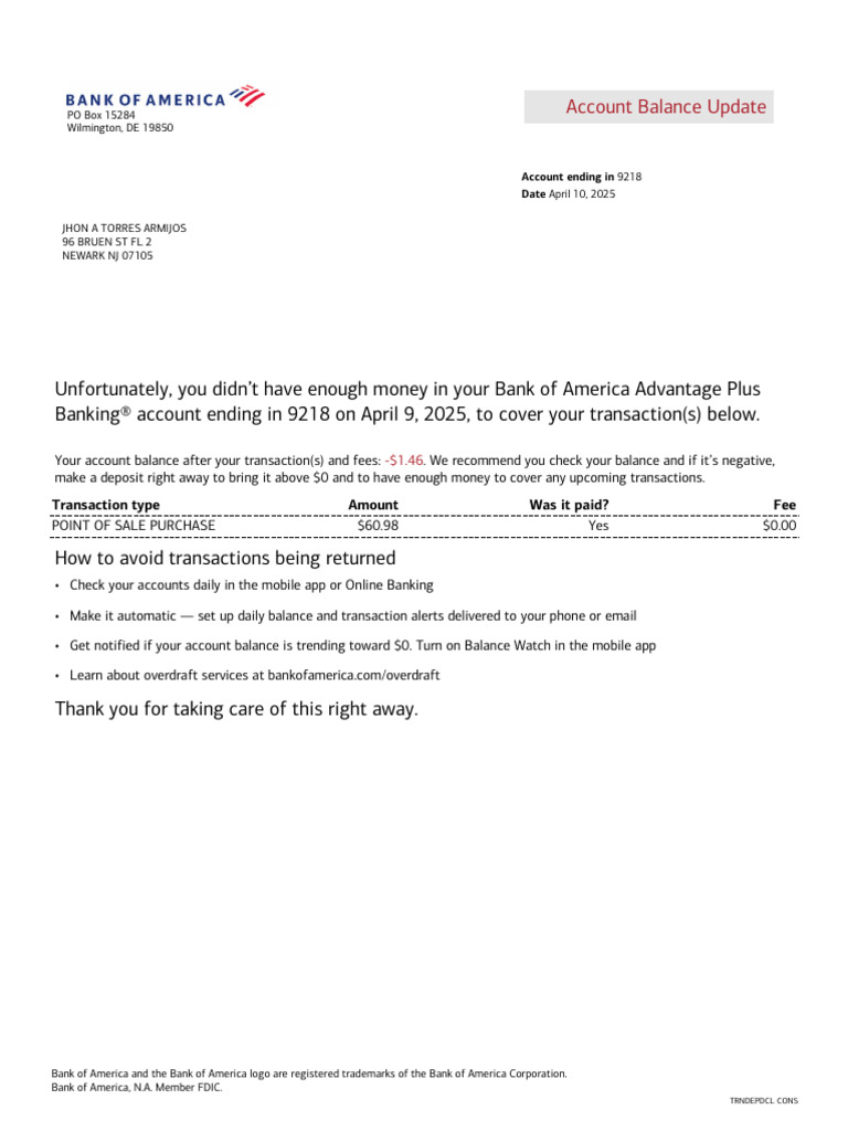 Bank of America Check Return Notice | PDF