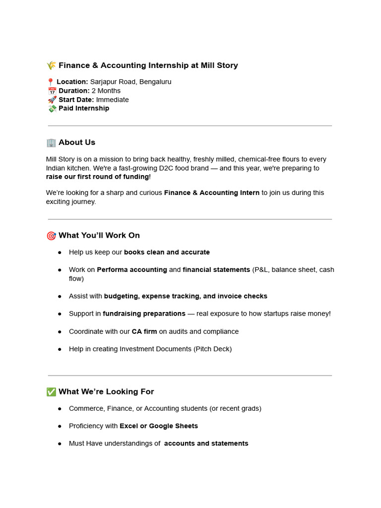 ? Finance & Accounting Internship at Mill Story | PDF