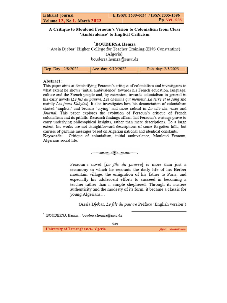 Feraoun's Critique of Colonialism | PDF