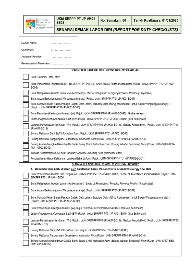 UKM-SKPPP-PT01-JP-AK01-SS02-Senarai-Semak-Lapor-Diri | PDF